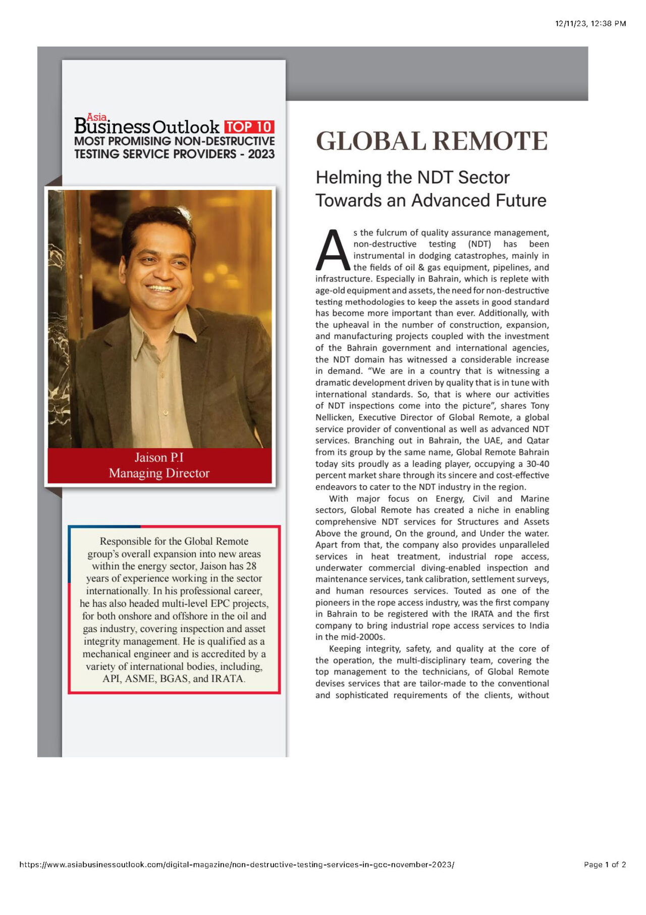 Helming the NDT Sector Towards an Advanced Future. | Global Remote Integrated Access Solutions